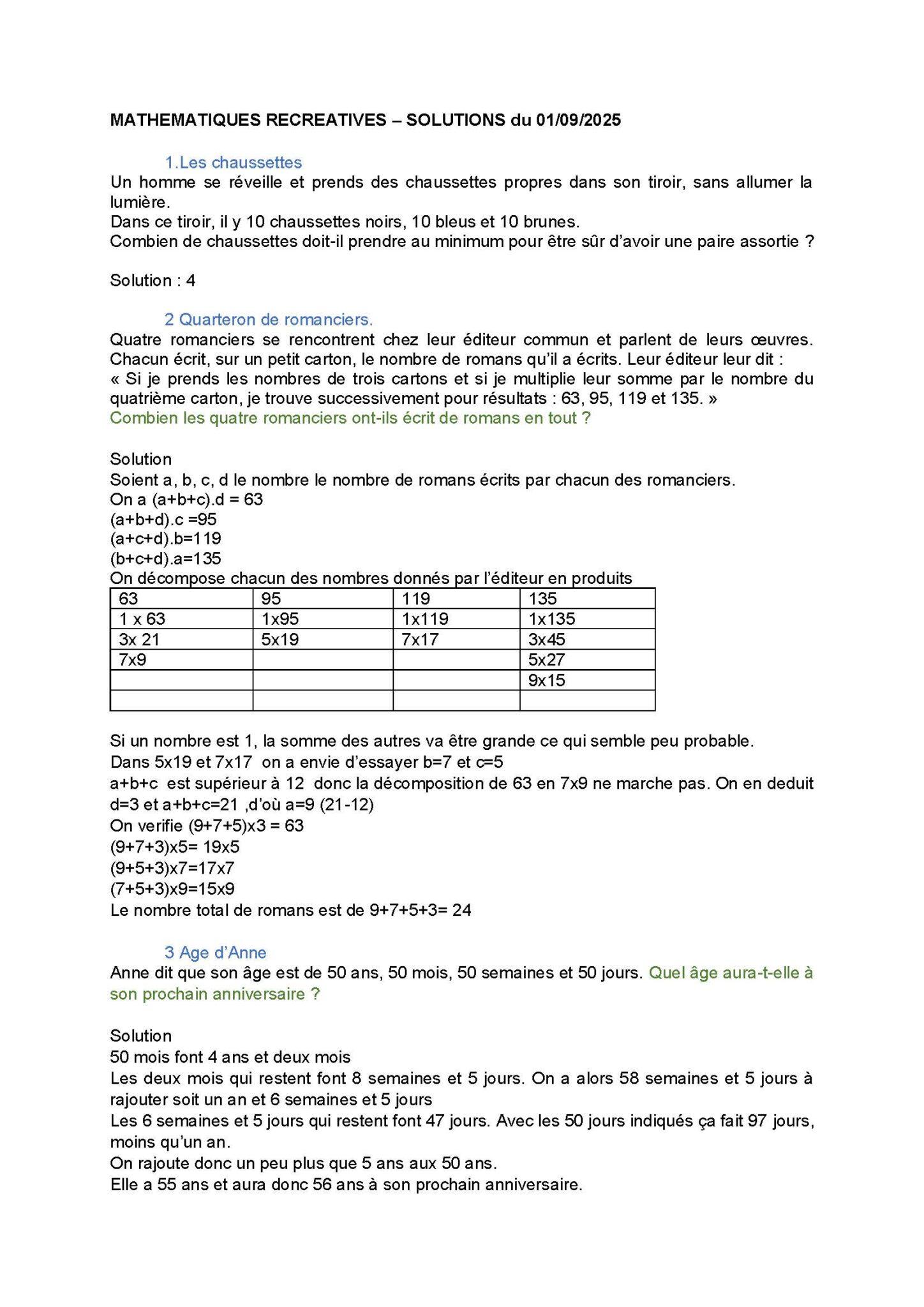 Mathématiques récréatives – solutions des exercices du 01/09/2025