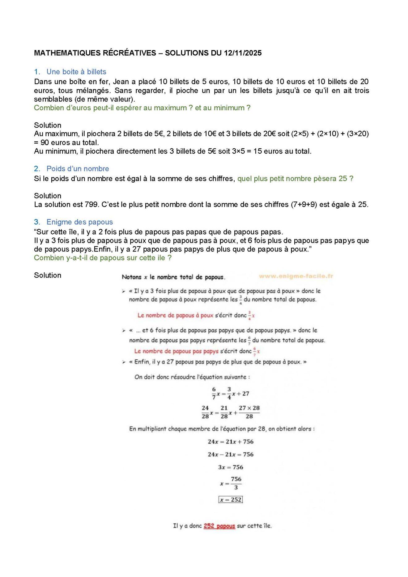 Mathématiques récréatives – solutions du 12/11/2025